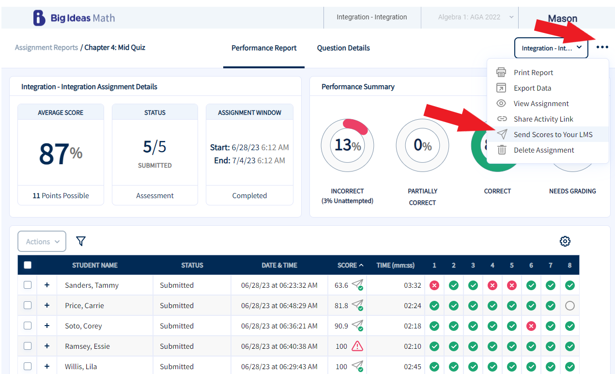 Canvas, Big Ideas Math: Send Scores to Canvas