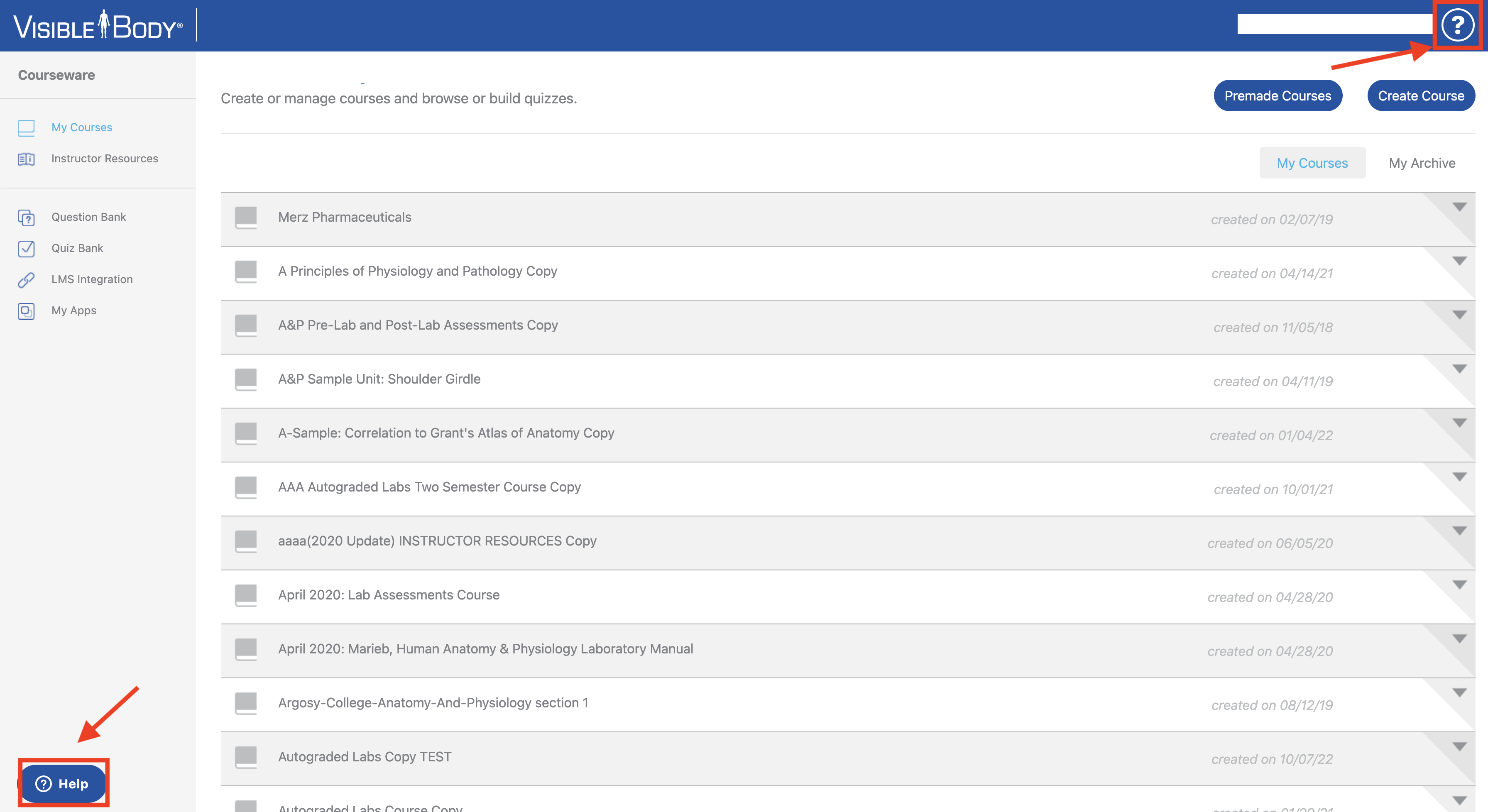 Visible Body: Courseware Help Options